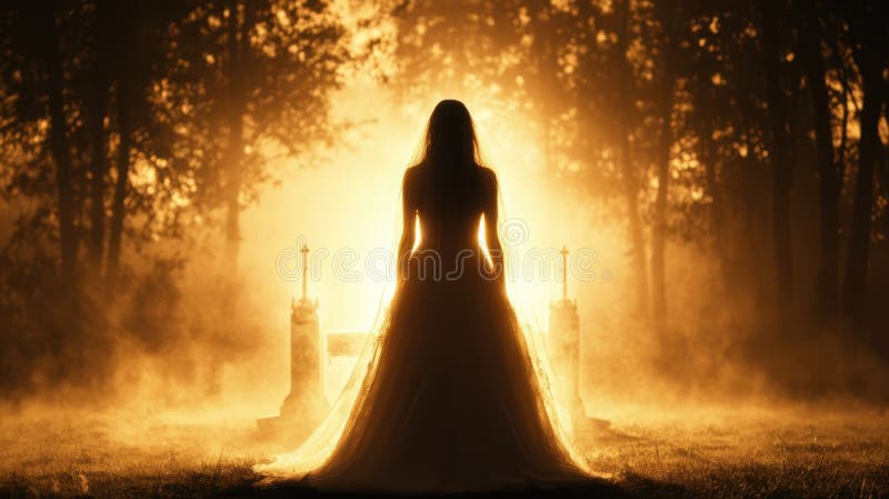 Ghostly Bride Stands at Altar in Misty Forest Stock Illustration ...