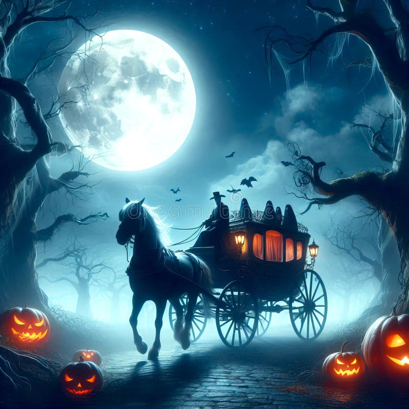 Ghostly Carriage Pulled by Ghostly Horses Driven by Skeletal Figure in ...