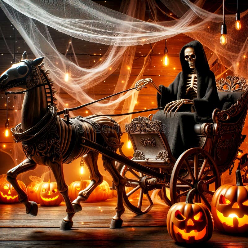 Ghostly Carriage Pulled by Ghostly Horses Driven by Skeletal Figure in ...