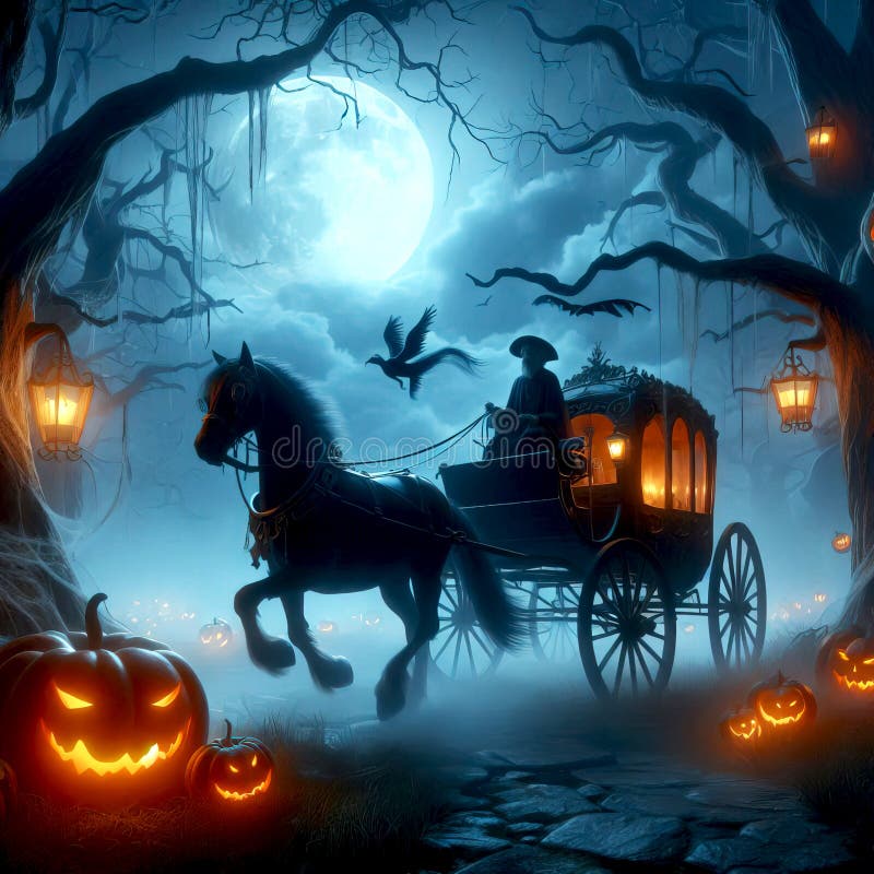 Ghostly Carriage Pulled by Ghostly Horses Driven by Skeletal Figure in ...