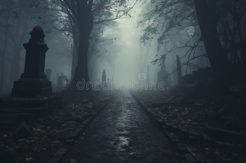 Ghostly Cemetery Path a Fogcovered Path Leading Stock Illustration ...