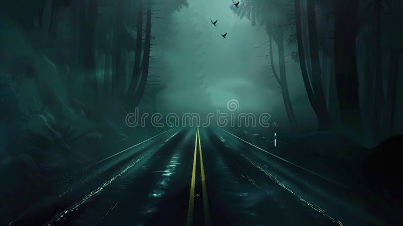 Ghostly Cliff Road through a Sinister Forest with Night Crows ...