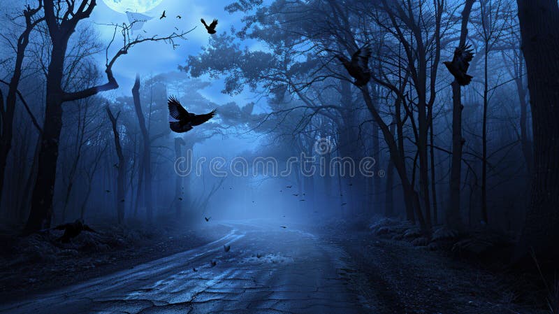 Ghostly Cliff Road through a Sinister Forest with Night Crows ...