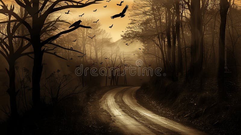 Ghostly Cliff Road through a Sinister Forest with Night Crows ...