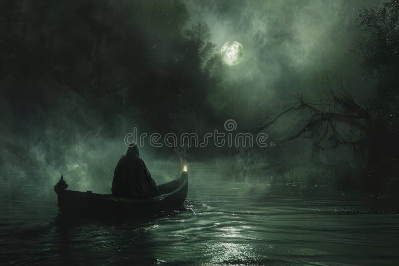 A Ghostly Ferryman Guiding Souls Across a Haunted River Stock ...