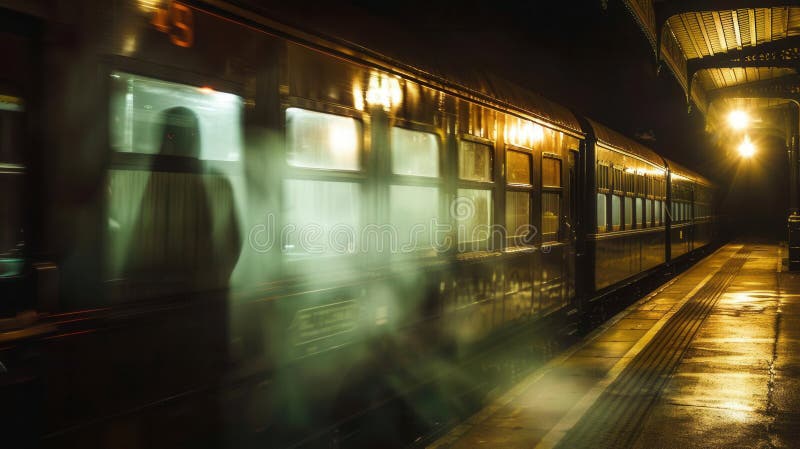 A Ghostly Figure Appearing in the Windows of a Haunted Train at Night ...