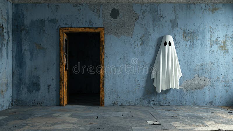 Ghostly Figure in a Decrepit Room with Blue Walls and a Mysterious Door ...