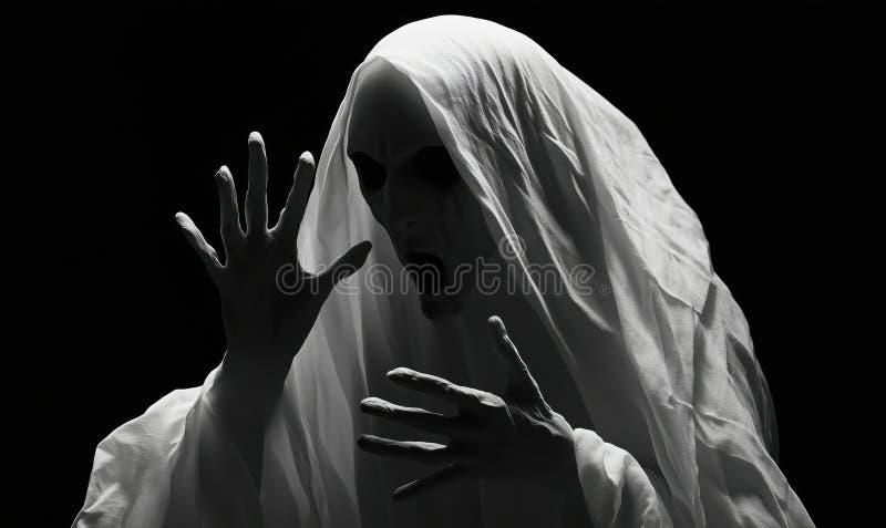 Ghostly Figure in Dramatic Pose, Haunting Expression, White Veil, Dark ...