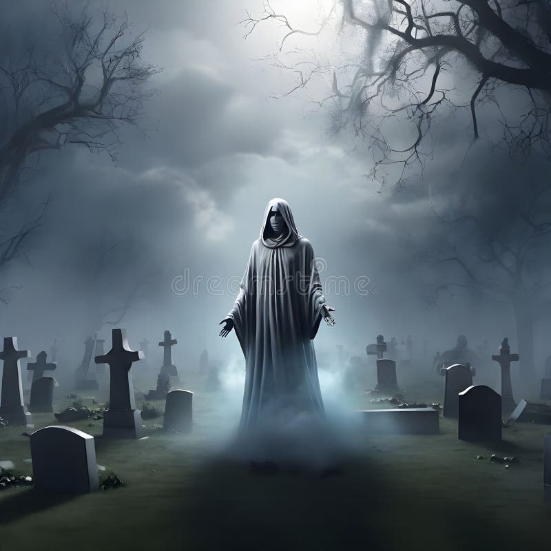 A Ghostly Figure Floating through a Misty Graveyard Stock Illustration ...