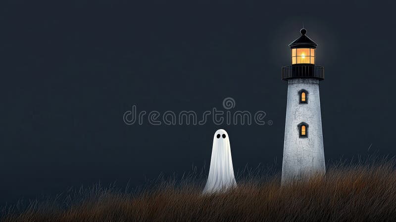 Ghostly Figure beside a Lighthouse in a Dark Spooky Landscape Stock ...