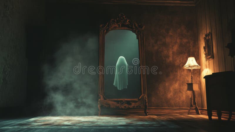 A Ghostly Figure Reflected in an Antique Mirror in a Haunted Room Stock ...