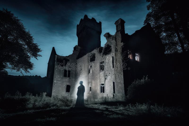 Ghostly Figure Standing in the Shadow of an Abandoned Castle, with ...