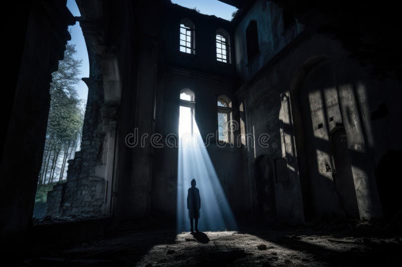 Ghostly Figure Standing in the Shadow of an Abandoned Castle, with ...