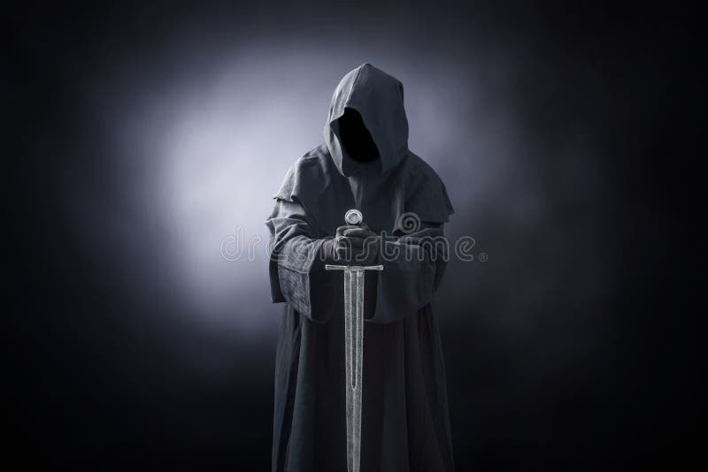 Ghostly Figure With Sword In The Dark Stock Photo - Image of fear, hood ...