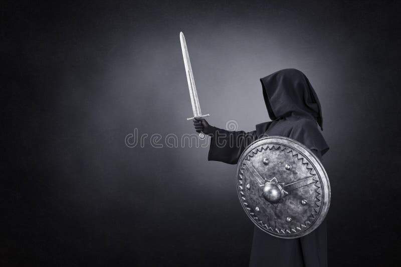 Ghostly Figure with Sword and Round Shield Stock Image - Image of hood ...