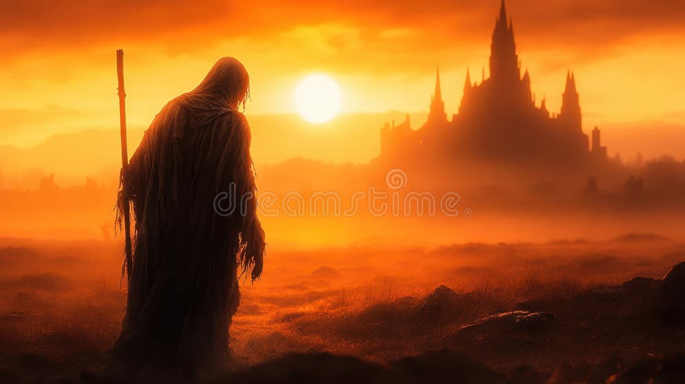 Ghostly Figure in Tattered Rags Wanders through Sunset Stock ...