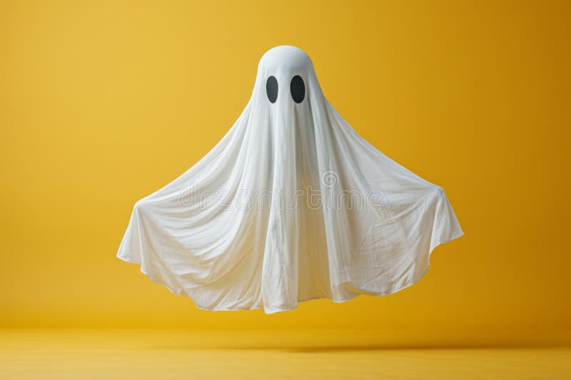 Floating Ghost with White Sheets and Black Eyes on an Orange Background ...