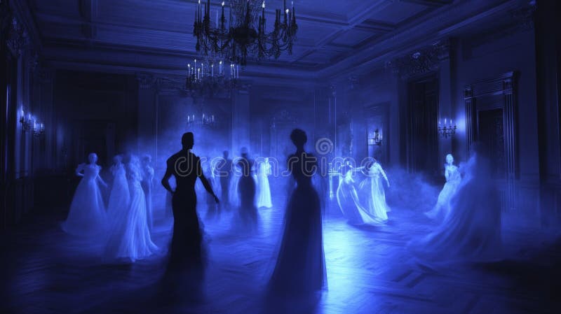 Ghostly Figures Dancing in a Blue-Lit Ballroom Stock Illustration ...