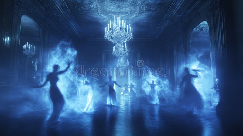 Ghostly Figures Dancing in a Blue-Lit Grand Hall Stock Illustration ...