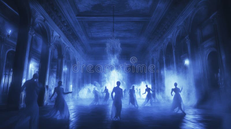 Ghostly Figures Dancing in a Blue-Lit Grand Hall Stock Illustration ...