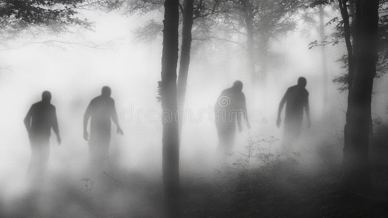 Ghostly Figures Emerging from the Fog in the Forest.. Stock Image ...