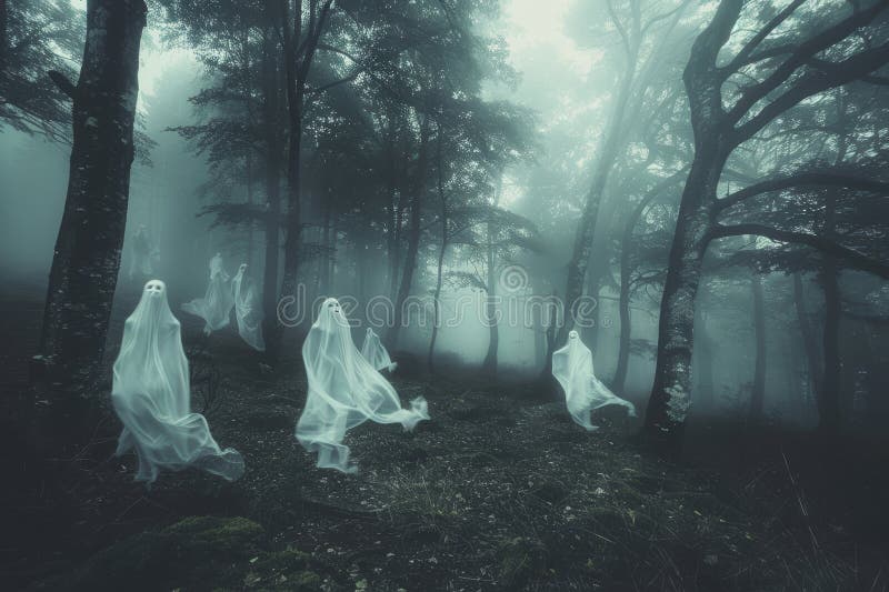 Ghostly Figures Haunting a Mist-filled Forest at Night, Ghosts Floating ...