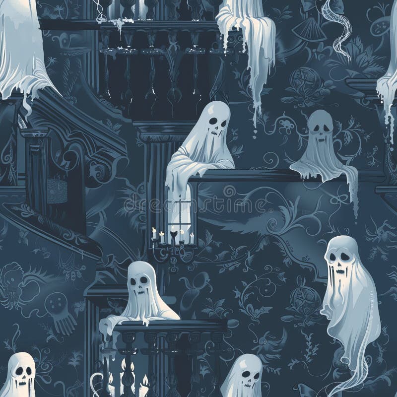 Ghostly Gathering on a Haunted Mansion Staircase. Seamless Pattern ...