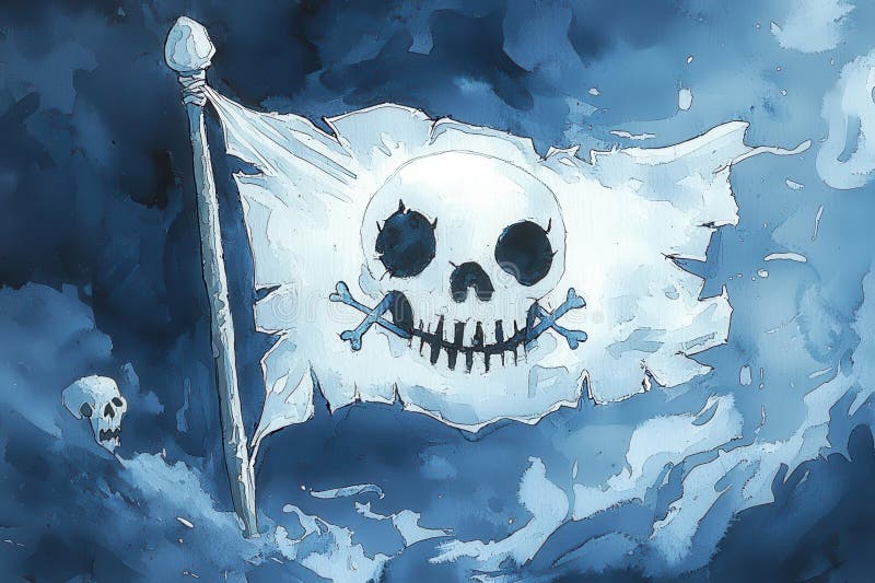 Ghostly Pirate Flag, Glowing in the Dark, Eerie Wind, Watercolor Style ...
