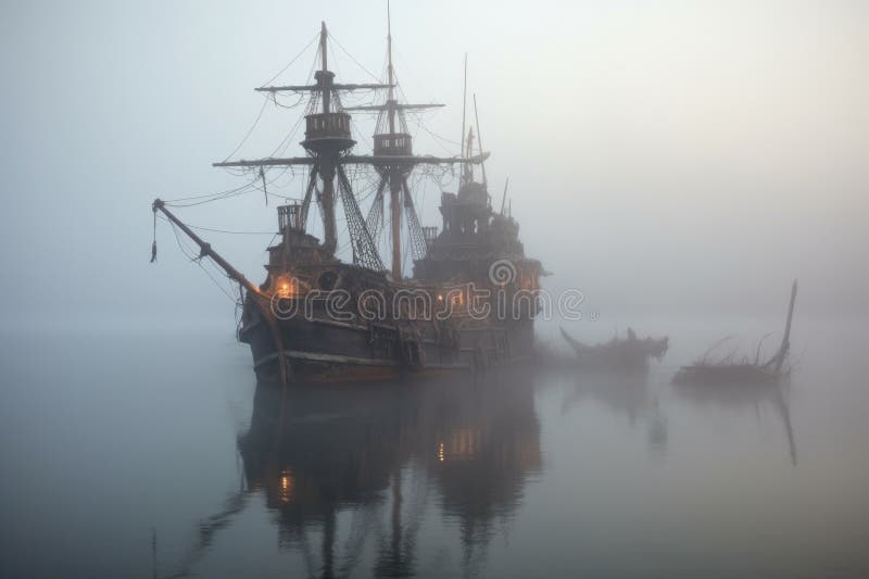 Ghostly Pirate Ship Emerging from Eerie Fog Stock Illustration ...
