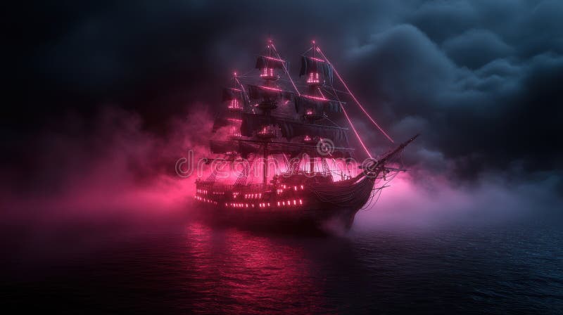 A Ghostly Pirate Ship Illuminated by Eerie Pink Lights Sails through a ...