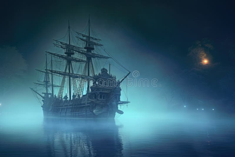 Ghostly Pirate Ship Illuminated by Moonlight, Drifting through Fog ...