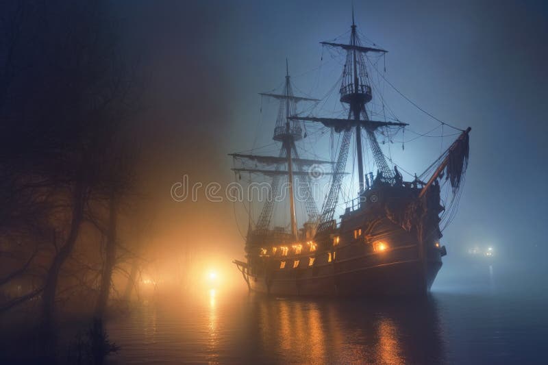 Ghostly Pirate Ship Sailing through a Dense Fog at Night Stock ...