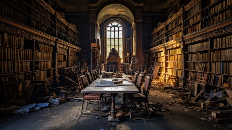 A Ghostly Presence in an Old, Decrepit Library Stock Illustration ...