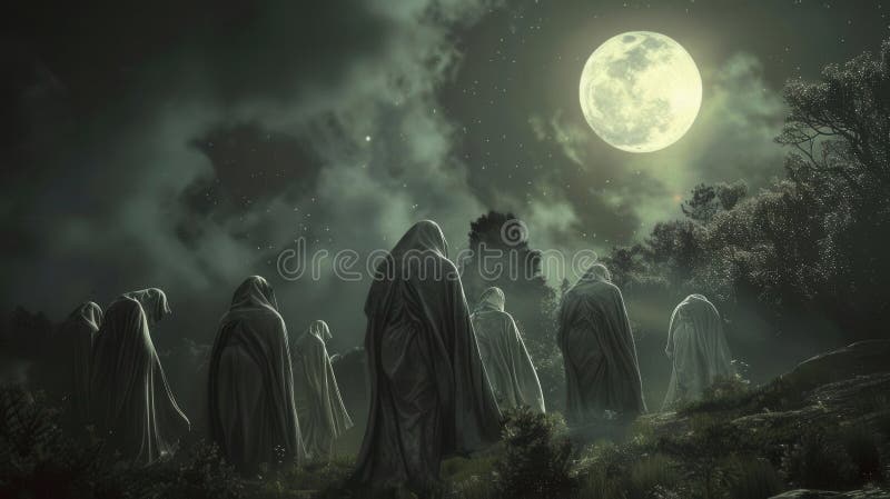 A Ghostly Procession of Medieval Monks Chanting Under a Full Moon Stock ...