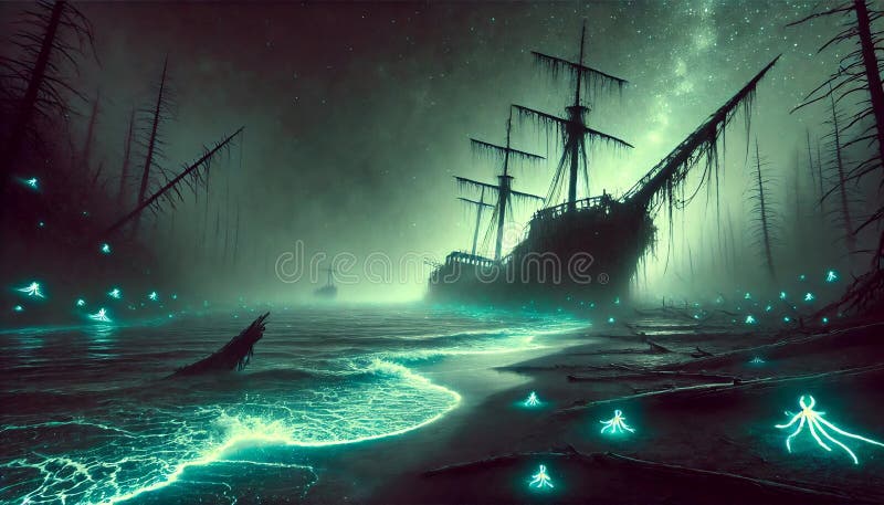A Ghostly Ship is Sinking on the Shore of an Eerie Sea,with Glowing ...