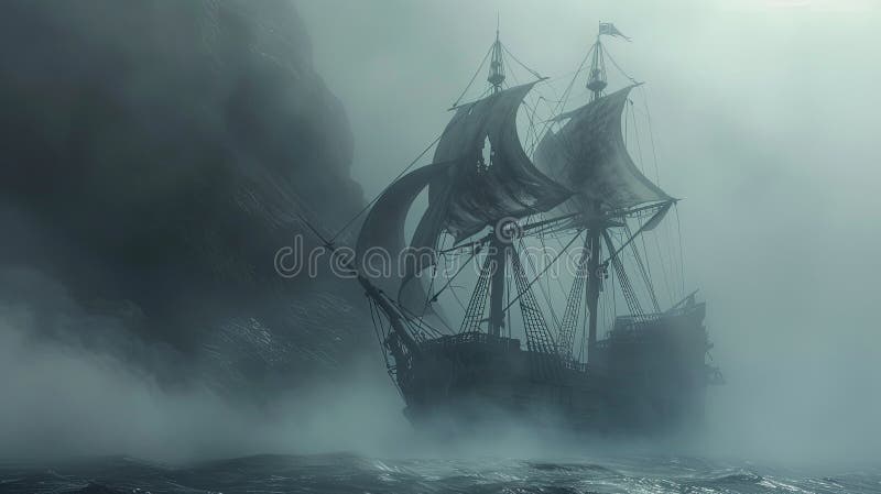 A Ghostly Ship with Torn Sails Navigates through a Dense Fog, Creating ...