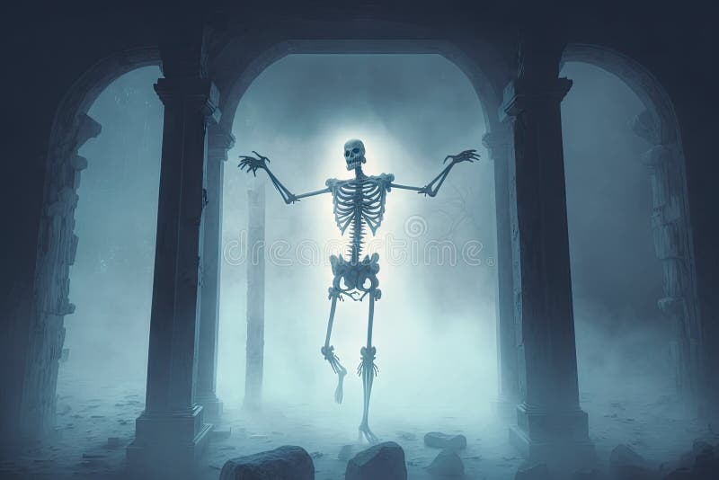 Ghostly Skeleton Floating in the Air, Surrounded by Mist and Eerie ...