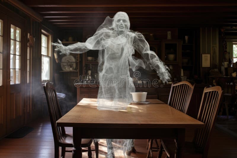 Ghostly Skeleton Hovering Over an Antique, Wooden Dining Table Stock ...