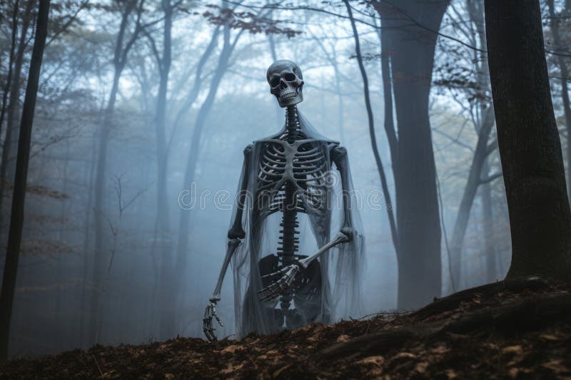 Ghostly Skeleton Standing in the Foggy Woods at Night Stock ...