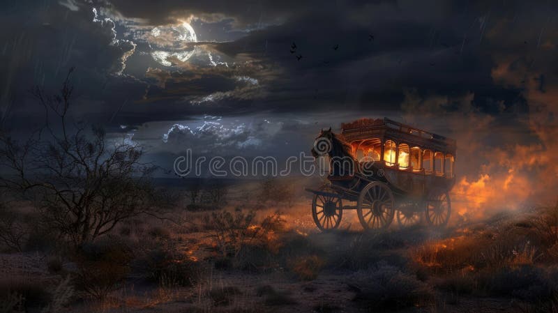 A Ghostly Stagecoach Traveling through a Spooky Desert Night Stock ...