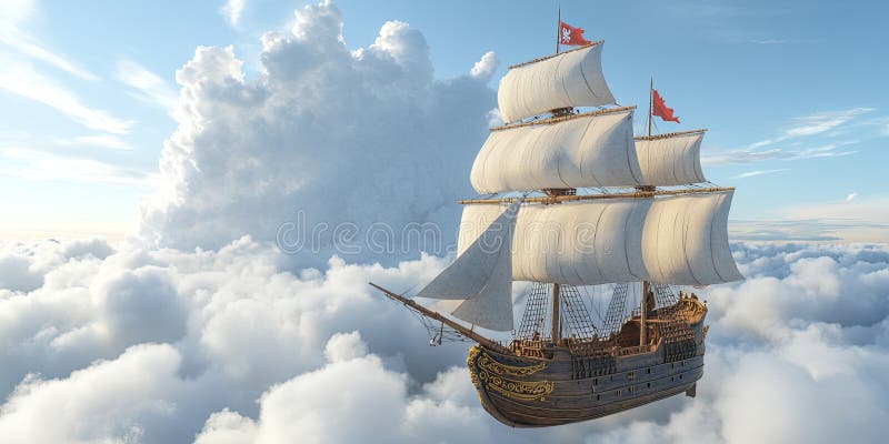 Ghostly Voyage: Floating Pirate Ship Sailing through a Cloudy Sky ...