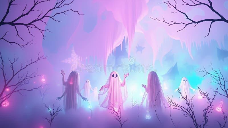 Ghosts Dance in a Mystical Purple Forest Stock Illustration ...