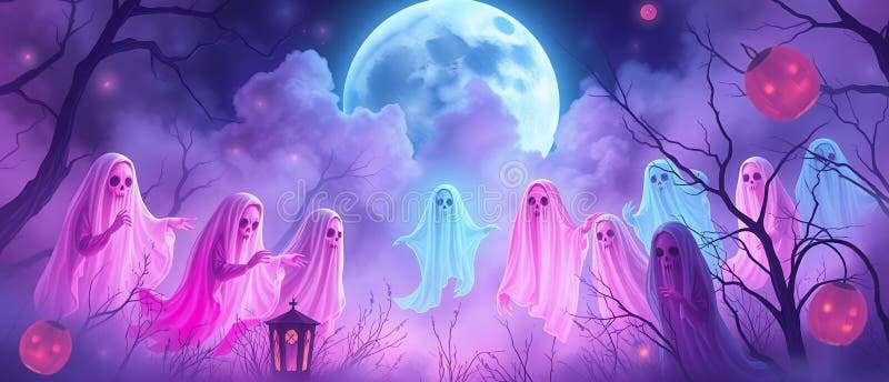 Ghosts Float through the Air Under a Full Moon Stock Illustration ...
