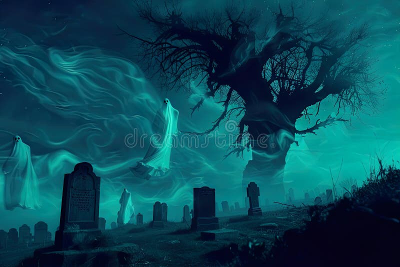 Ghosts Float Joyfully Above Graveyard with Headstones and Large Eerie ...