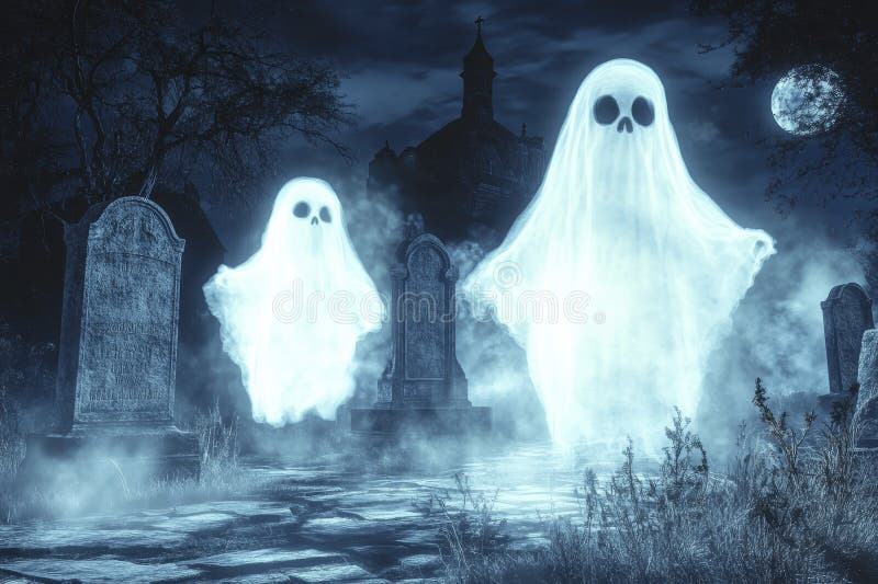Ghosts Floating in a Misty Graveyard on Halloween Night. Stock Image ...