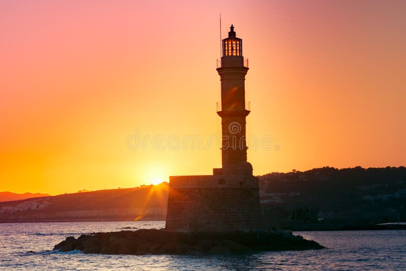 Lighthouse at Sunrise, Chania, Crete, Greece Stock Photo - Image of ...