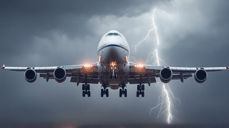 Giant Airliner Flying through Thunderstorm Stock Illustration ...
