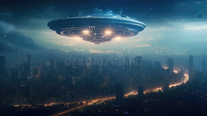 Giant Alien Ship Over City, Large Flying Saucer, Visual Effect Element ...