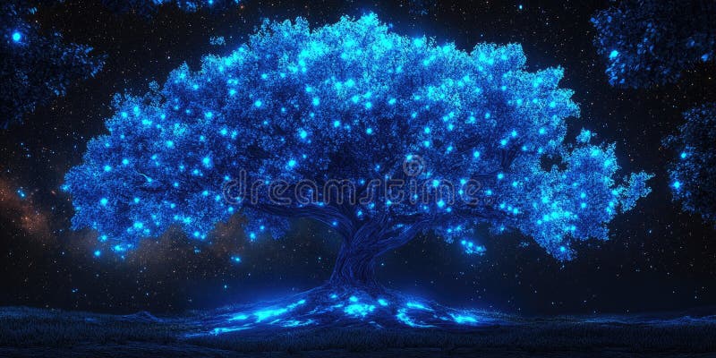 Giant Ancient Tree with Glowing Blue Leaves Illuminating the Night Sky ...
