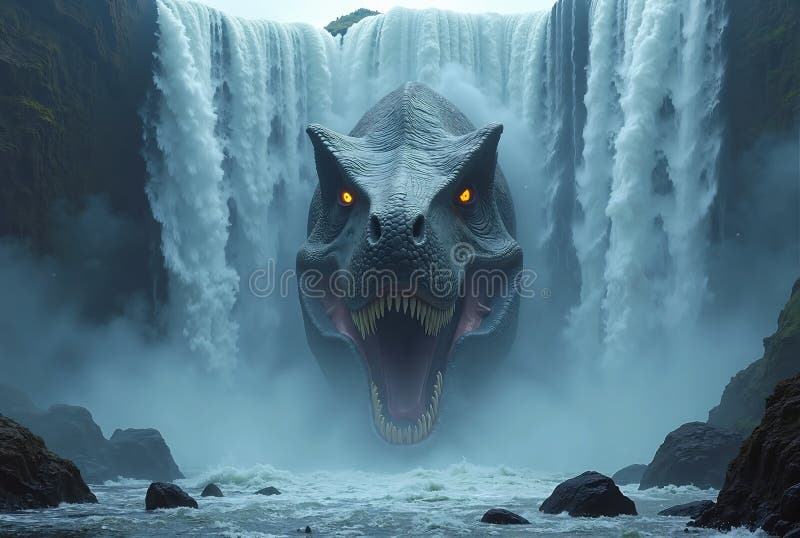 Giant Angry Dinosaur Face Emerging from a Massive Waterfall. Stock ...